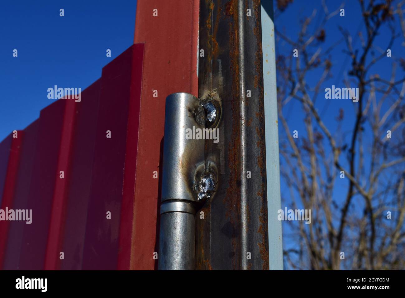 The welded canopies for gate. Installation of gate in a fence Stock ...