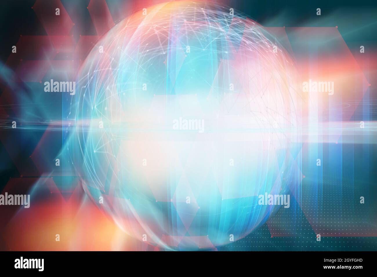 Graphical block-chain technology inside globe sphere. Global ...