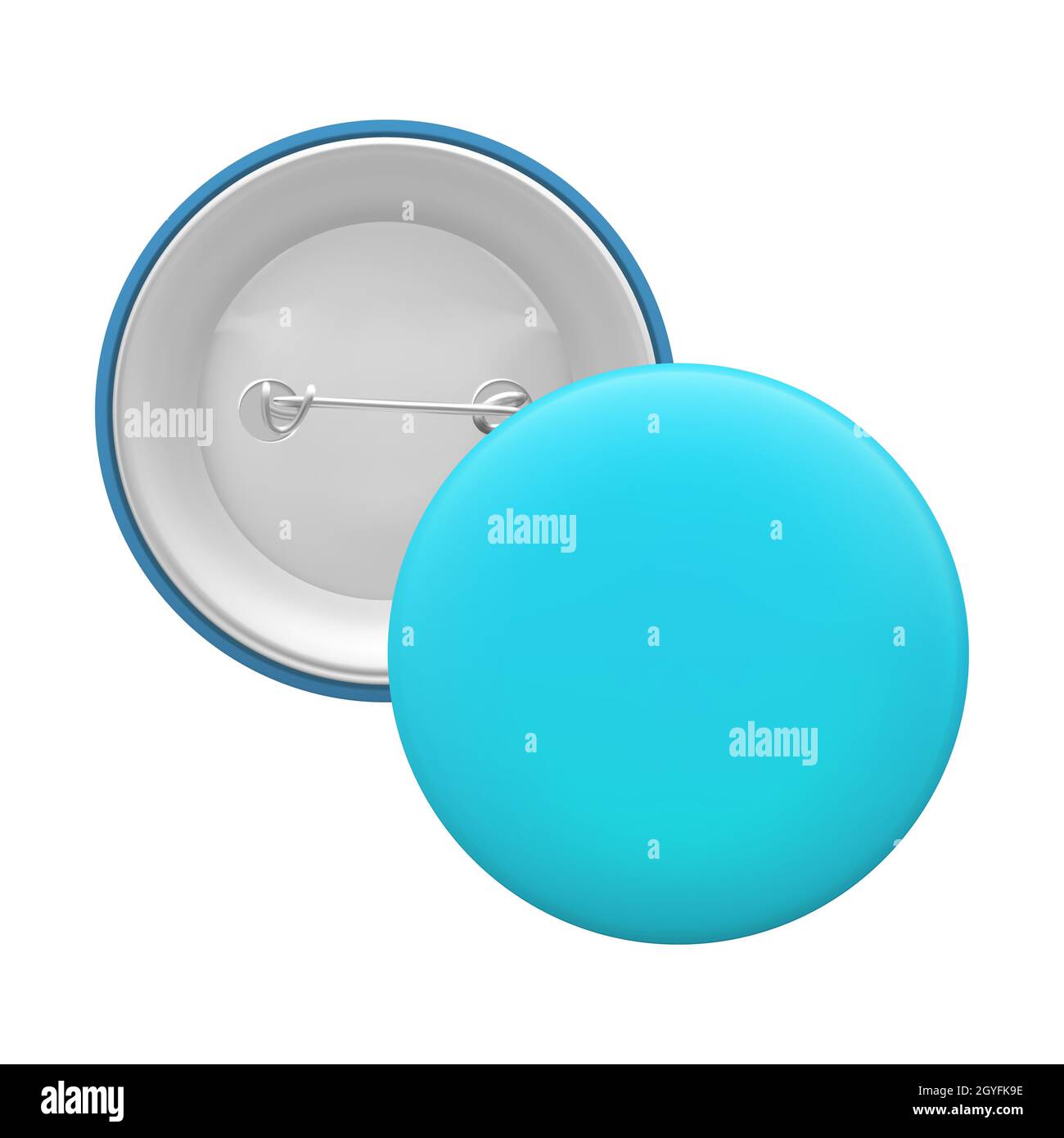 Blank teal round pin. Empty badge template, front and back. Graphic ...