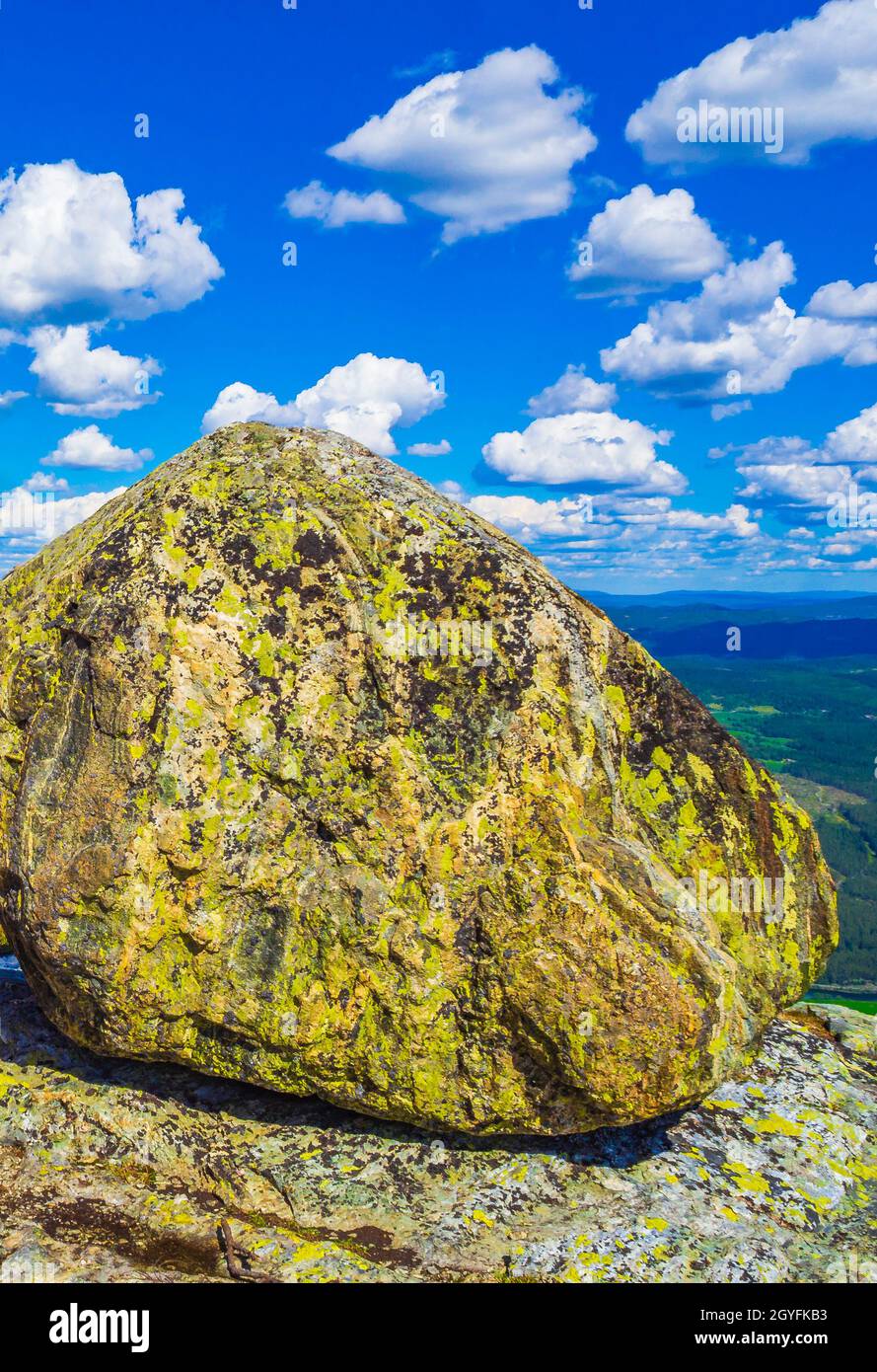 Huge rock big boulder and beautiful valley landscape panorama Norway of ...