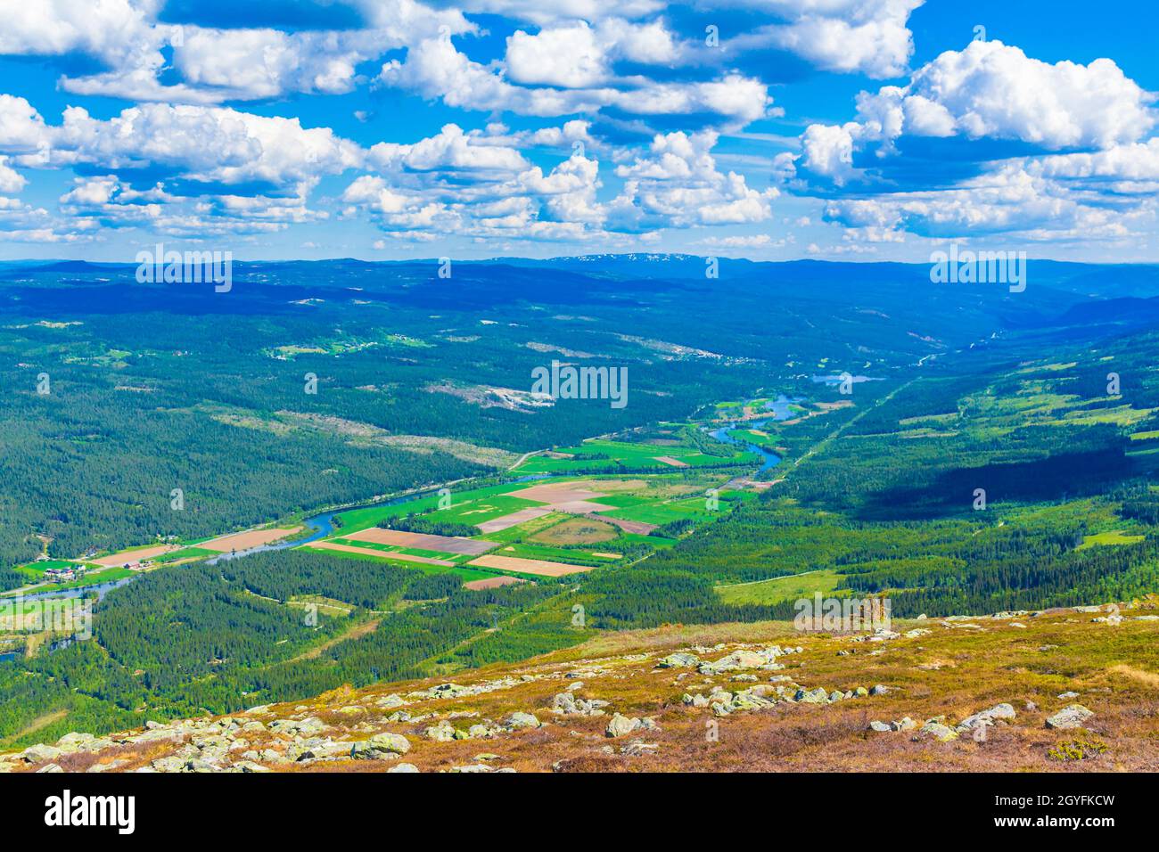 Beautiful valley landscape panorama Norway of Hydalen Hemsedal with ...