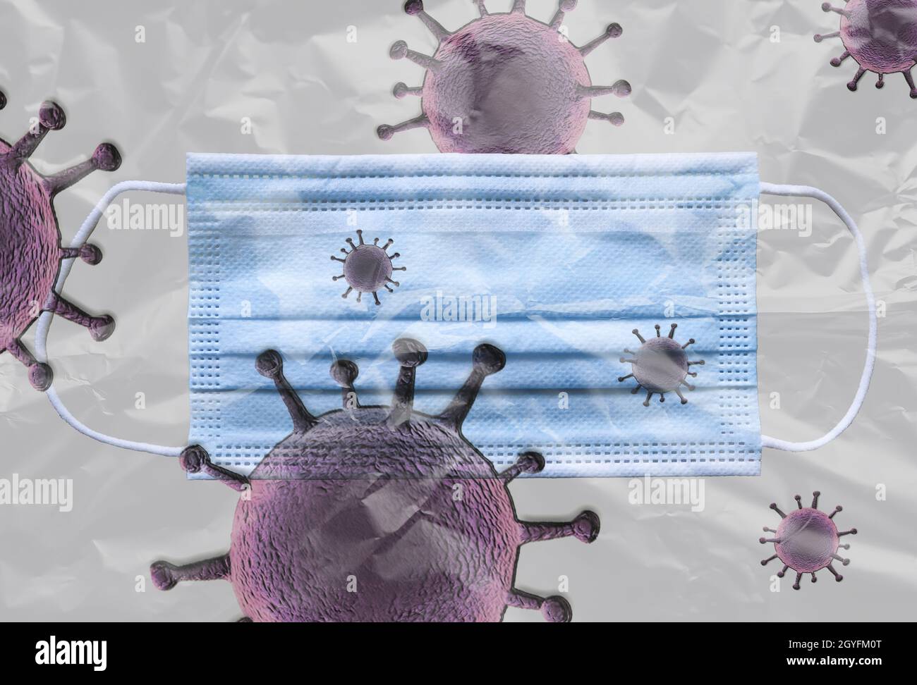 3D-Illustration of a medical virus mask behind plastic film with corona ...