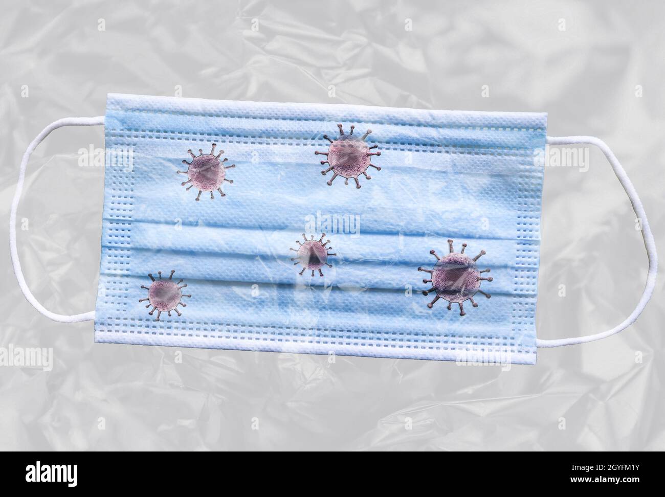 3D-Illustration of a medical virus mask behind plastic film with corona ...