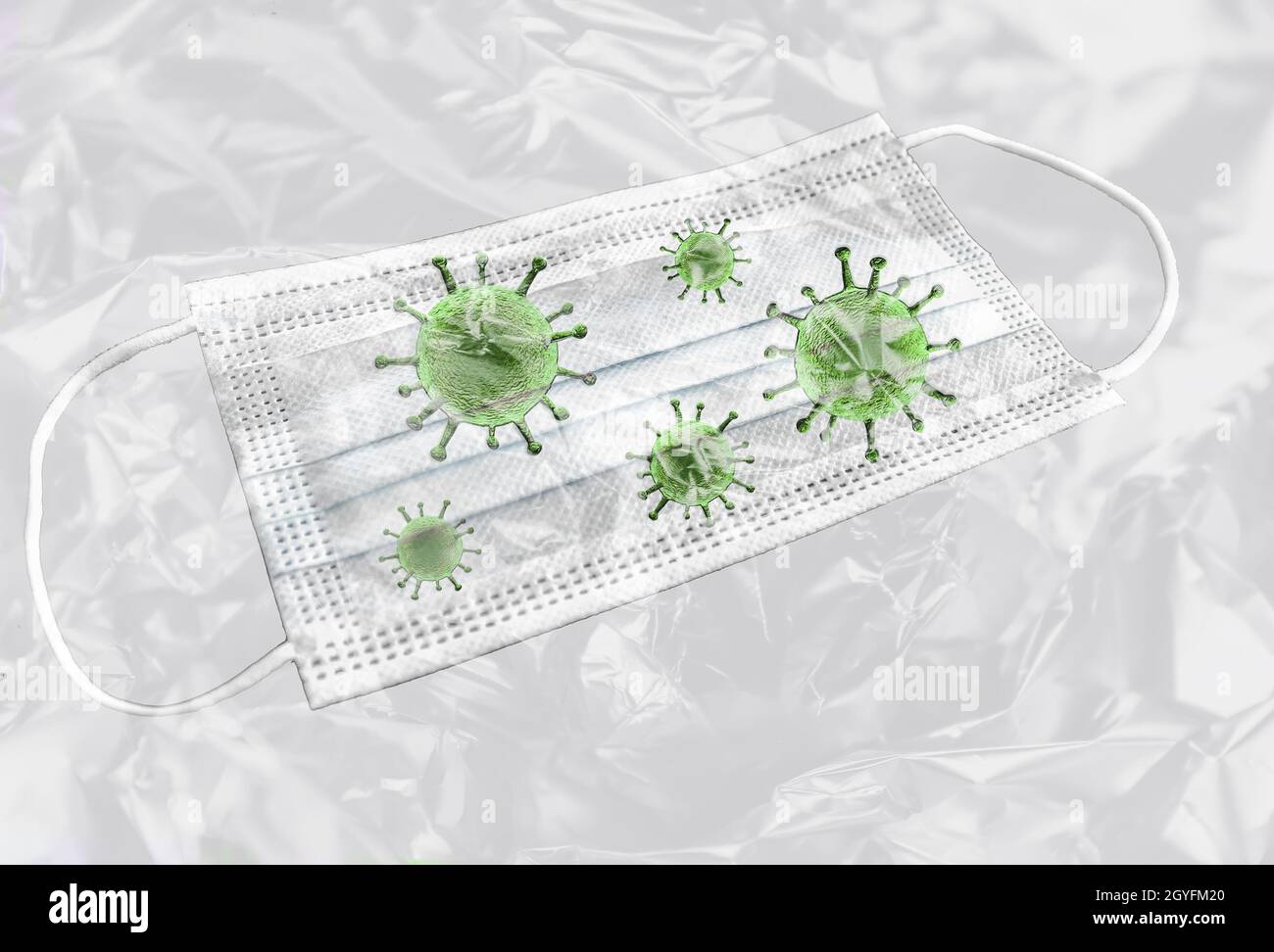 3D-Illustration of a medical virus mask behind plastic film with corona ...