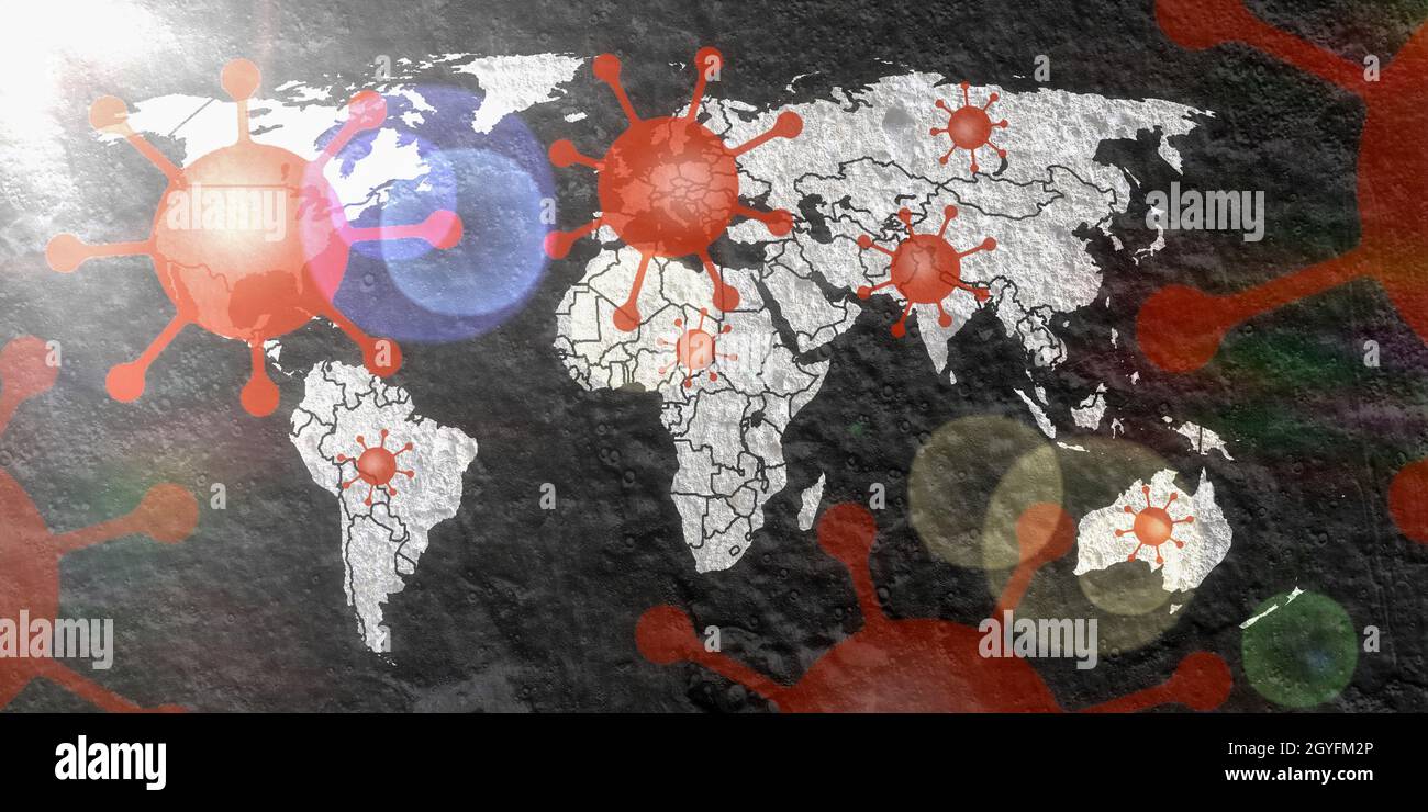 3D-Illustration of a world map showing the corona virus covid-19 ...
