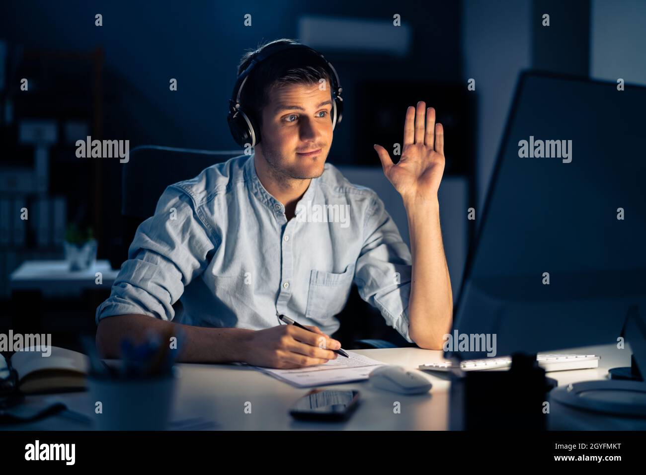 Online Video Conference Webinar Meeting Call On Computer Stock Photo ...