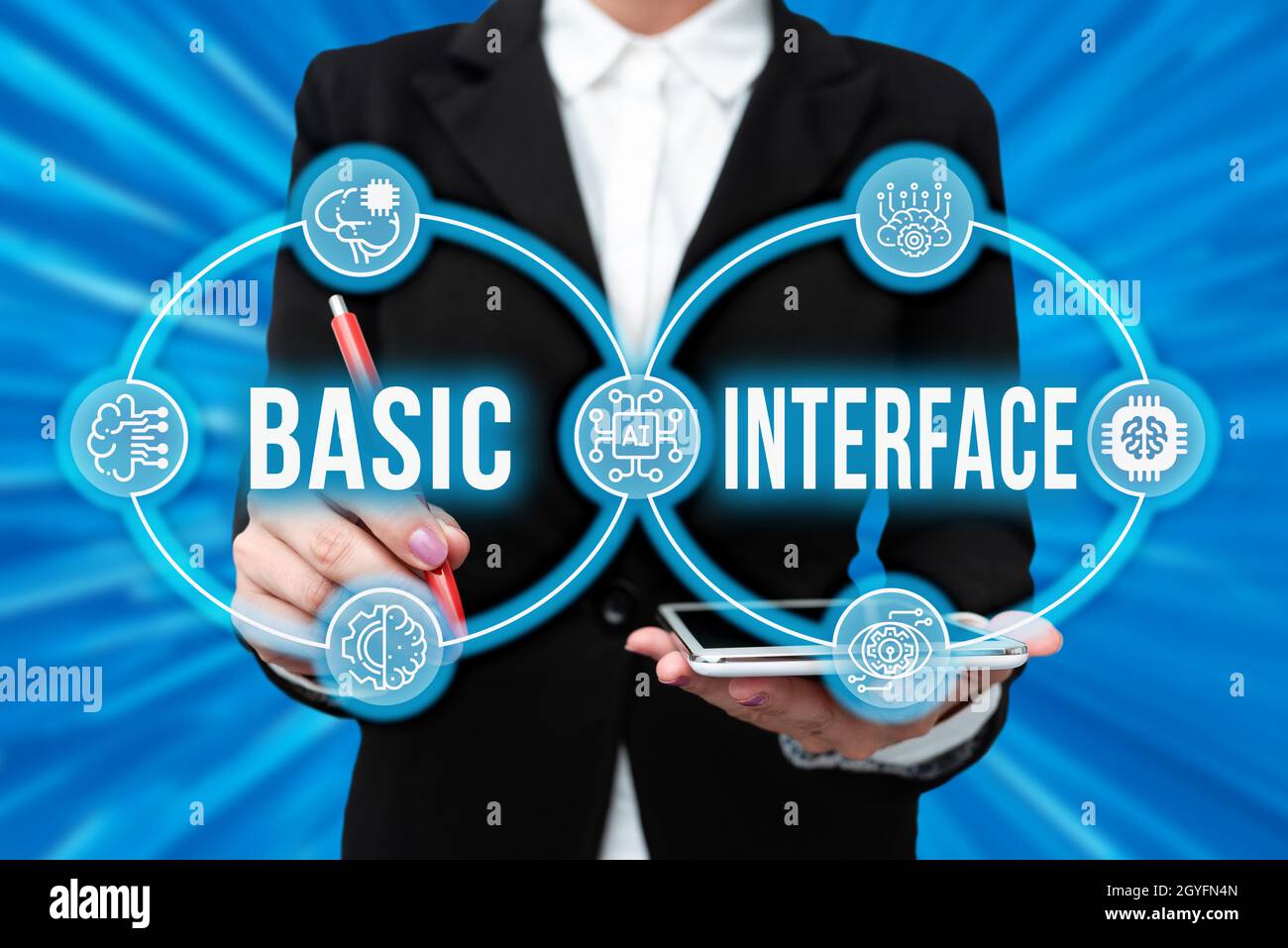 Sign displaying Basic Interface, Internet Concept boundary across which ...