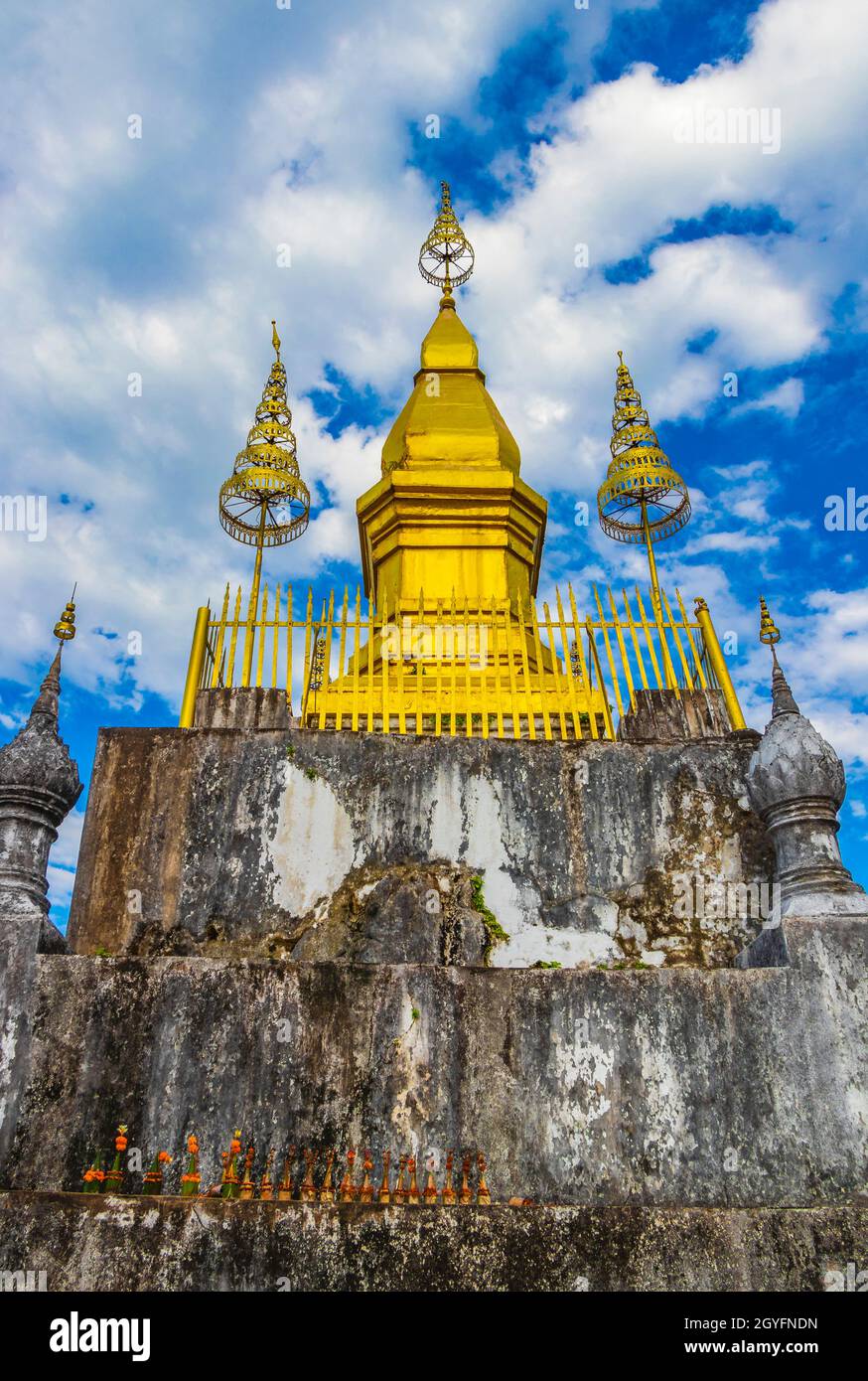 Mountain Phousi Hill and Wat Chom Si stupa landscape panorama in Luang ...