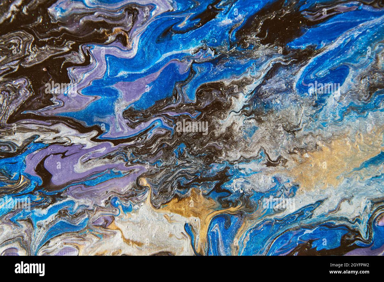 Texture of canvas painting using acrylic pouring with blue, black ...