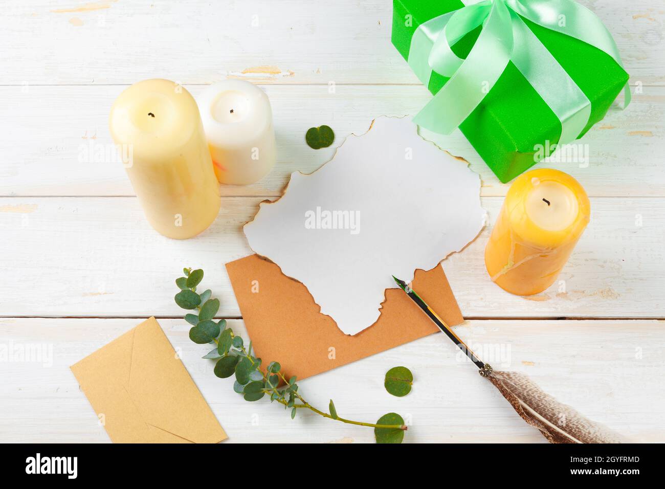 Top view of Christmas letter writing on yellow paper on wooden ...