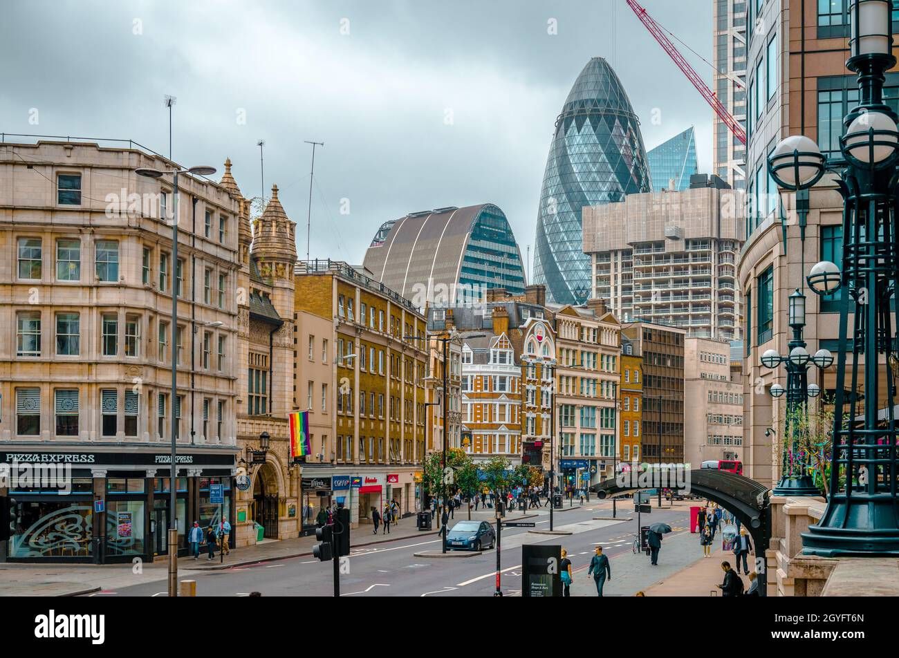 View of Bishopsgate street in the City of London, with the Gherkin, the ...