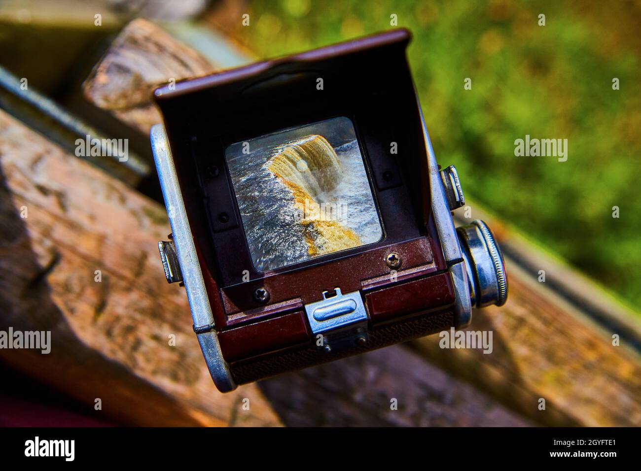 Tahquamenon Falls waterfall as seen through an old camera viewfinder ...