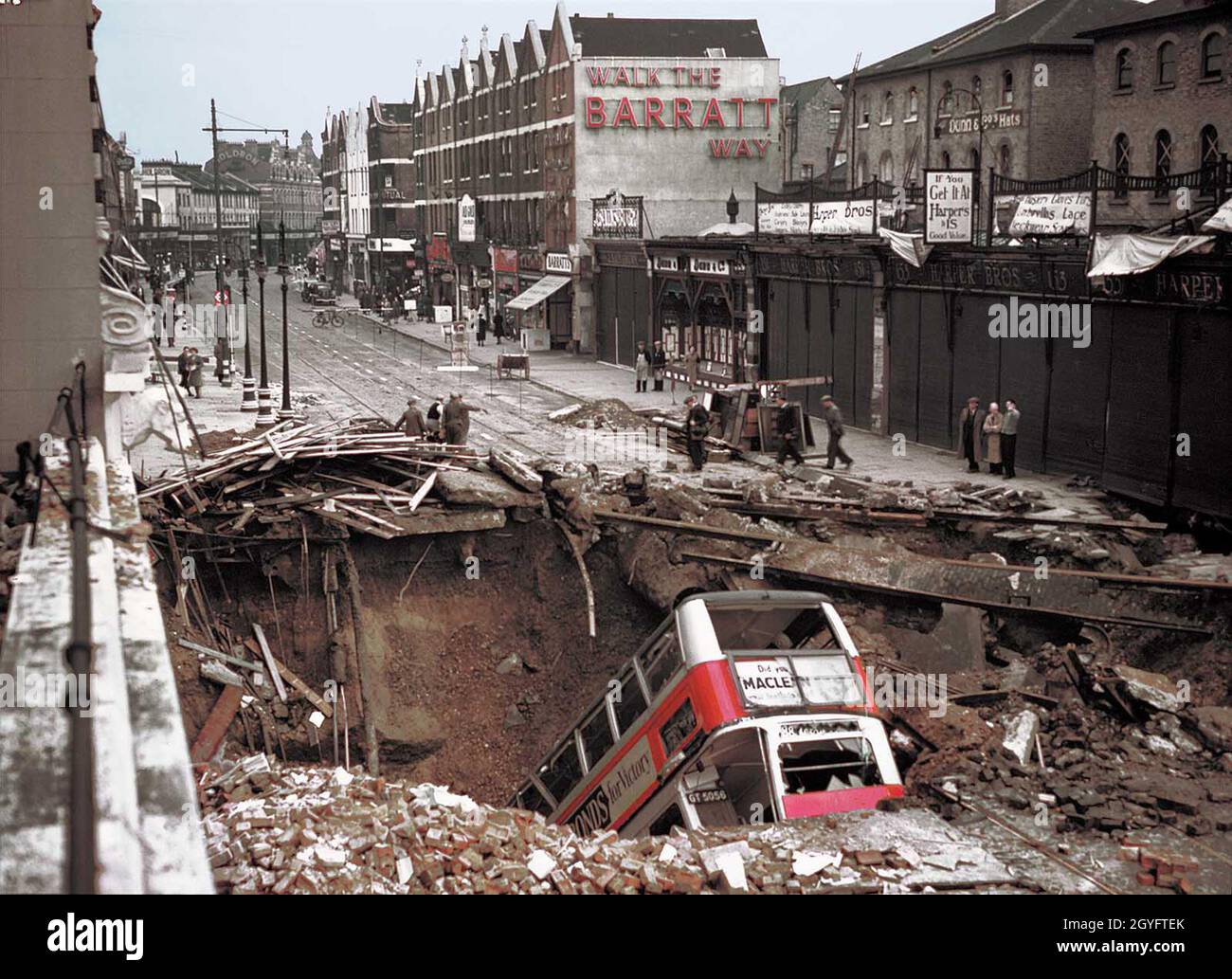 A bus in the crater above Balham underground station. The explosion ...
