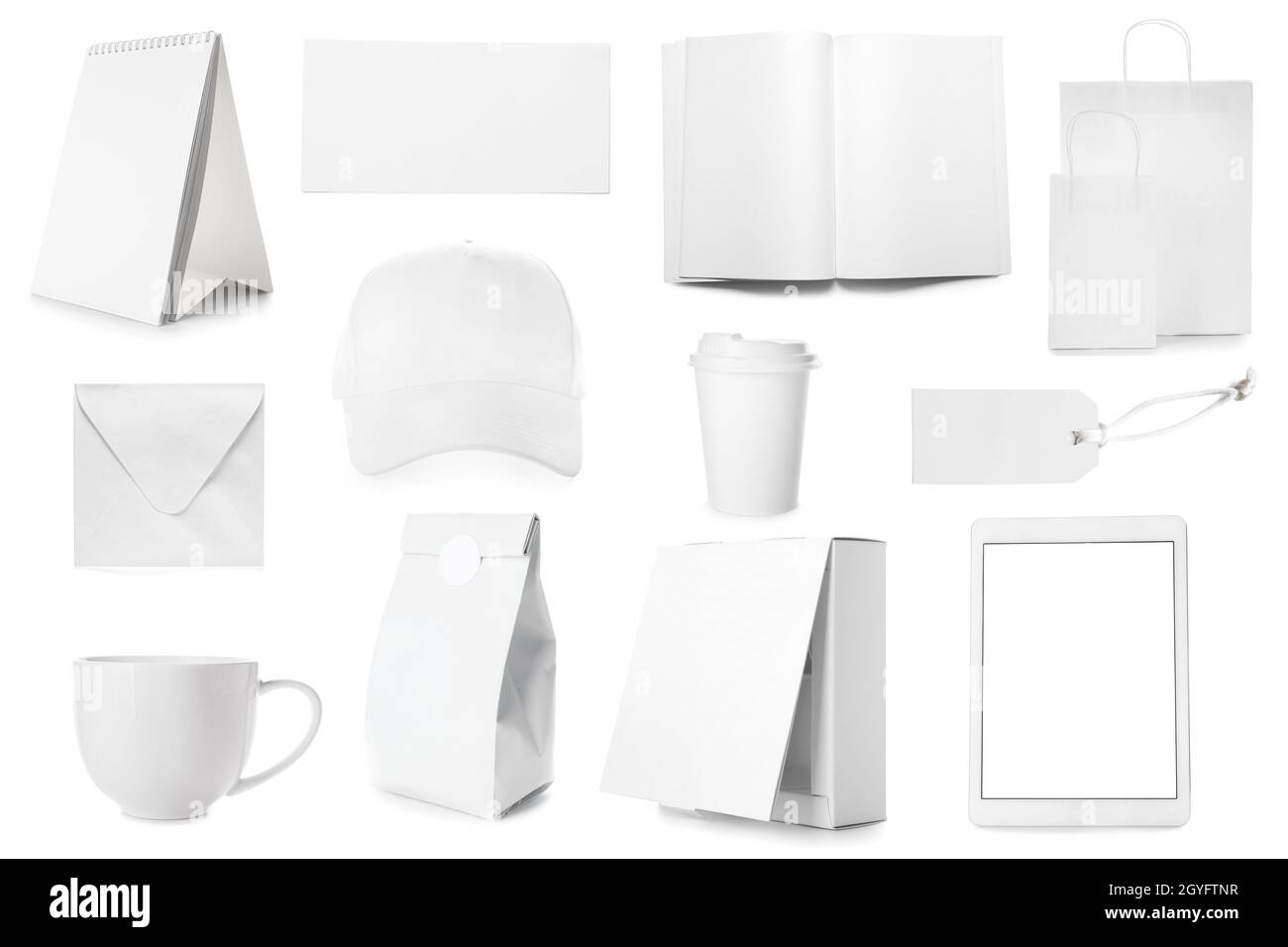 Set of blank items for branding on white background Stock Photo - Alamy