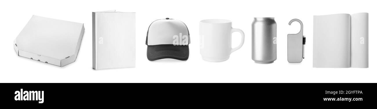Set of blank items for branding on white background Stock Photo - Alamy