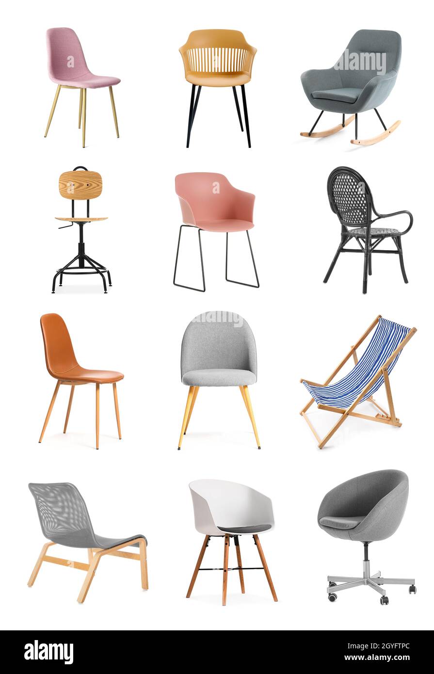 Collection of modern chairs and armchairs on white background Stock ...