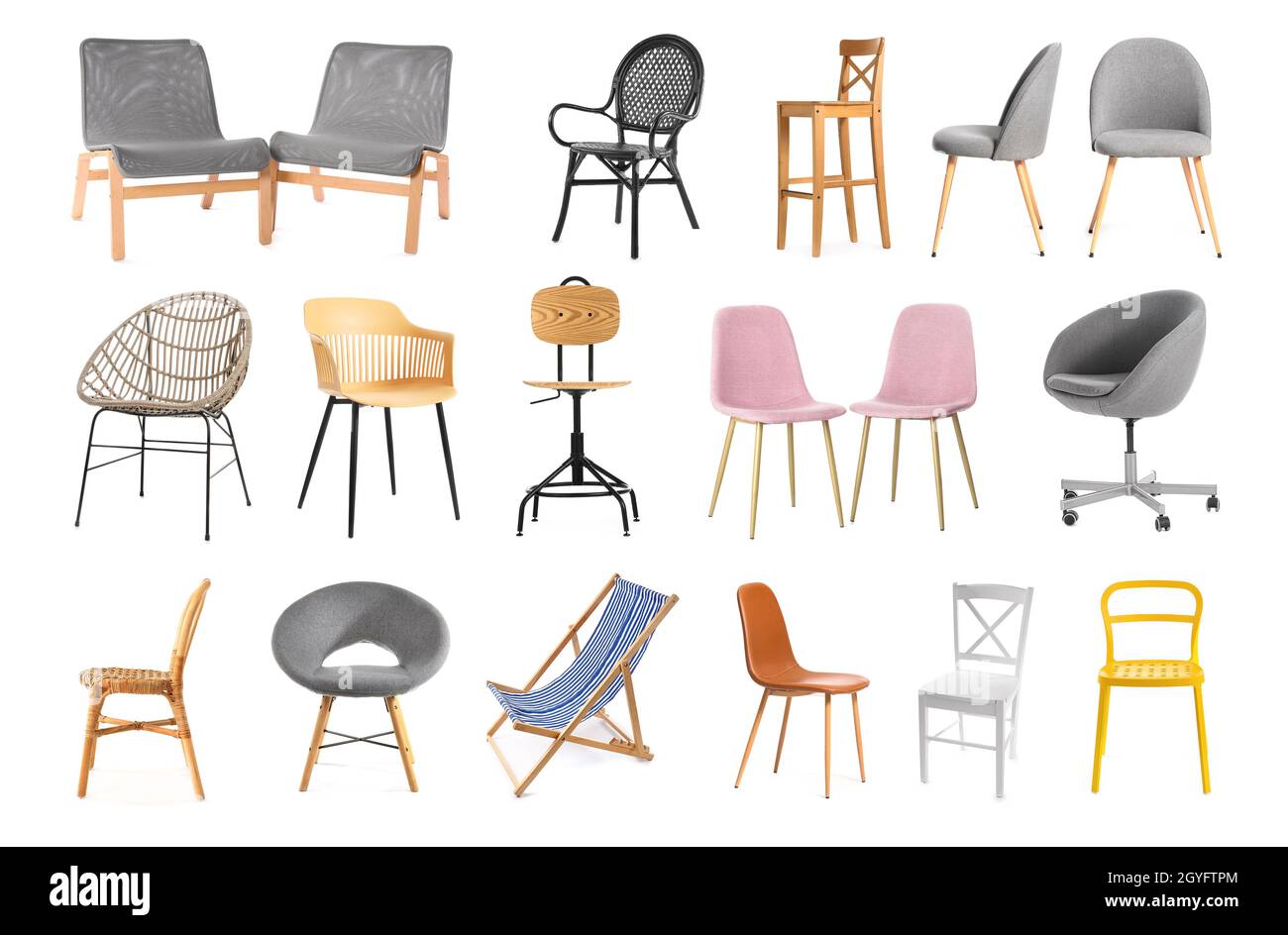 Collection of modern chairs on white background Stock Photo - Alamy