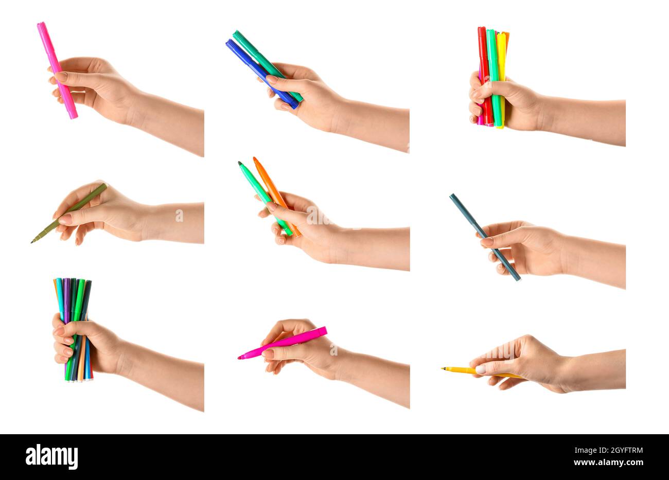 Female hands with markers on white background Stock Photo - Alamy