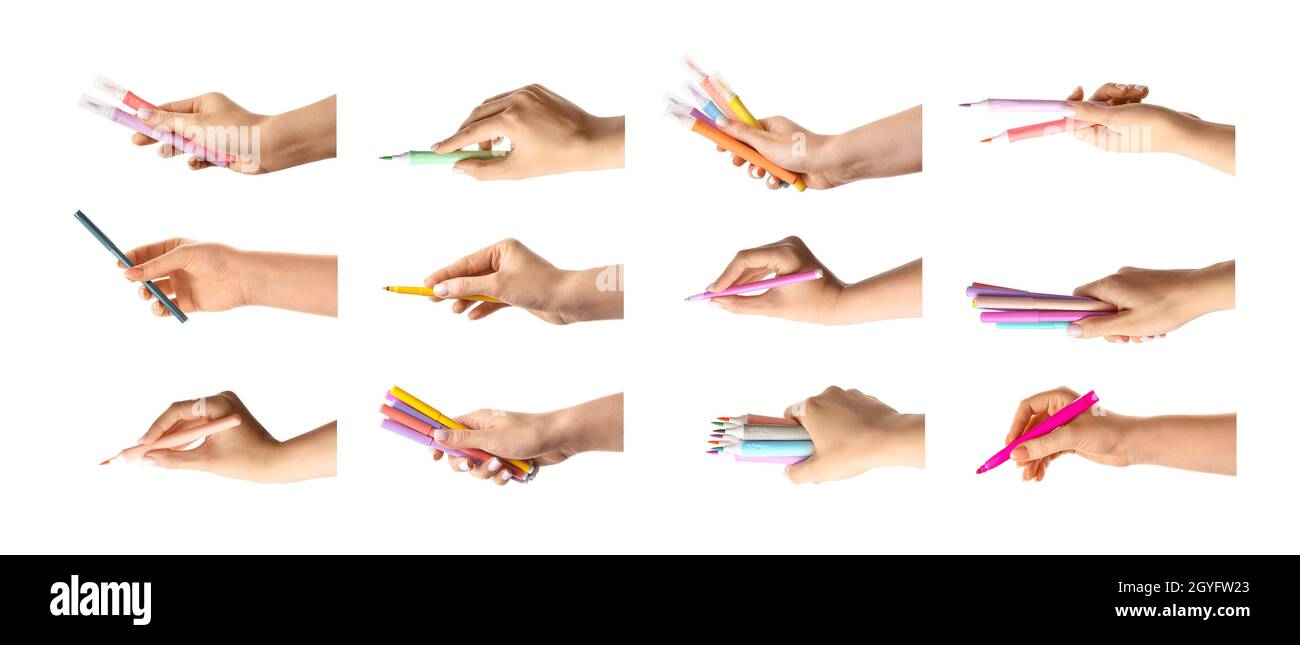 Female hands with markers on white background Stock Photo - Alamy
