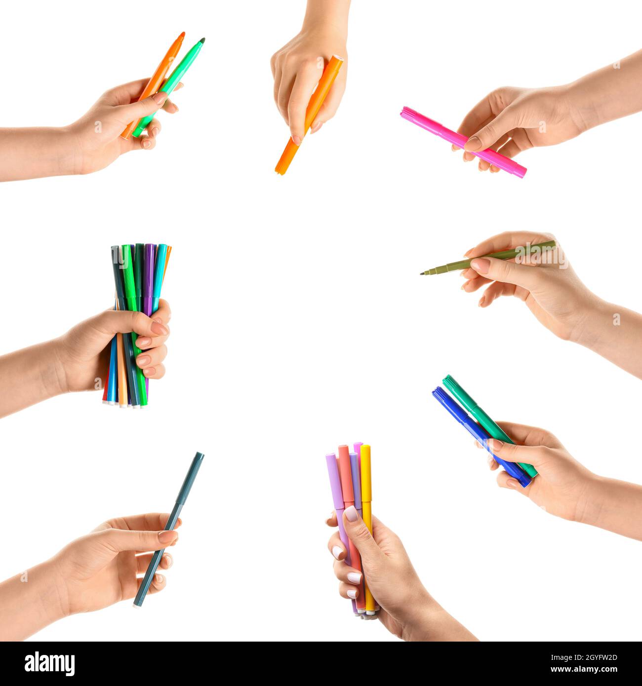 Female hands with markers on white background with space for text Stock ...