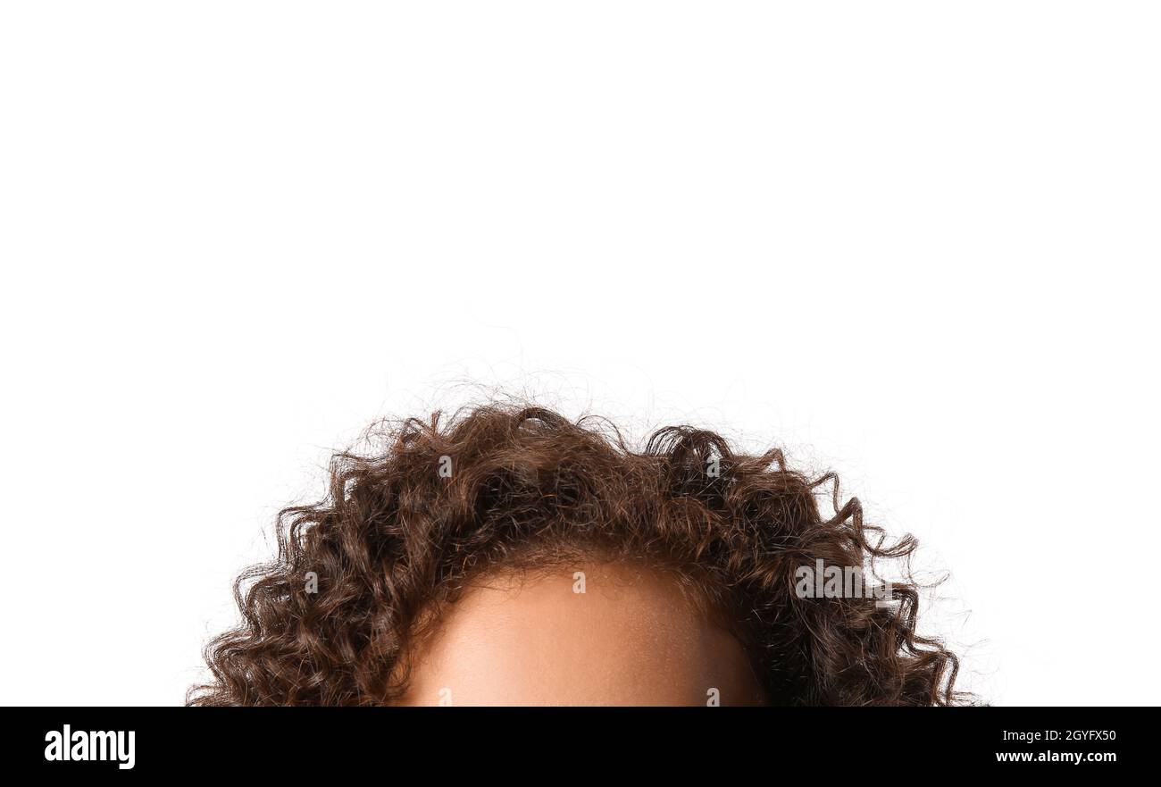 Forehead of young African-American woman with healthy hair on white ...