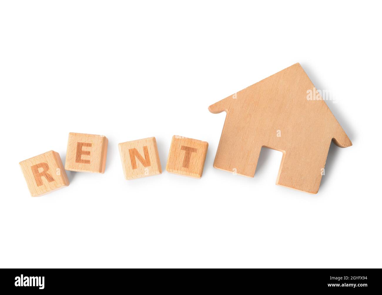 Wooden house and word RENT on white background Stock Photo - Alamy