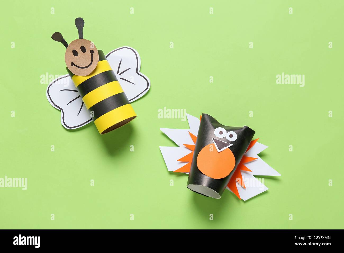 Figures of bee and bird made of cardboard tubes for toilet paper on ...
