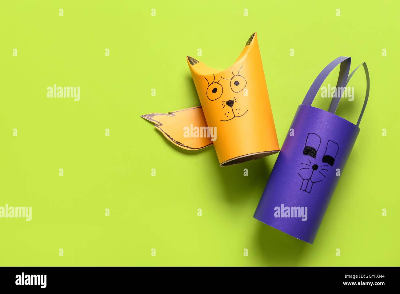 Figures of rabbit and fox made of cardboard tubes for toilet paper on ...