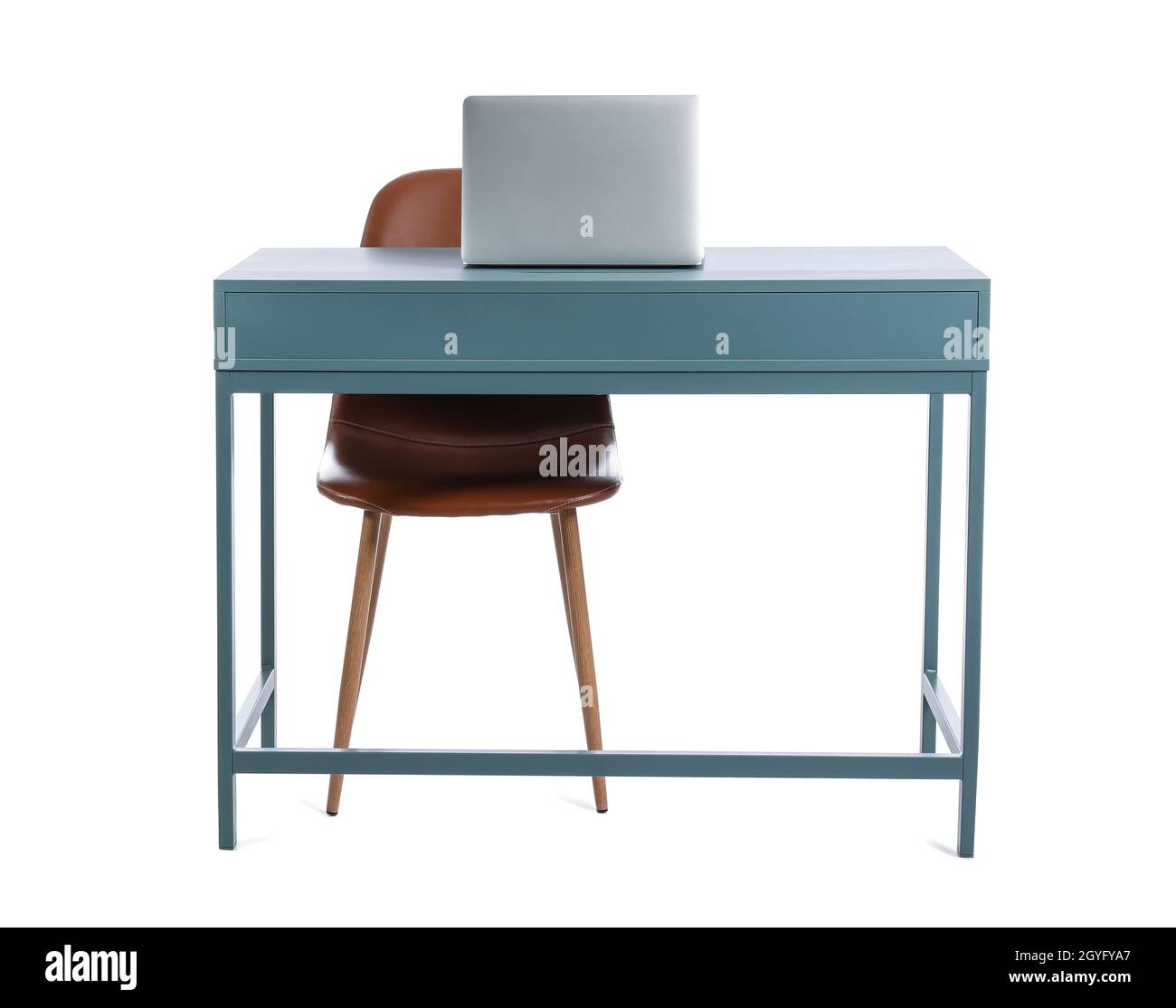 Blue desk with laptop and chair on white background Stock Photo - Alamy