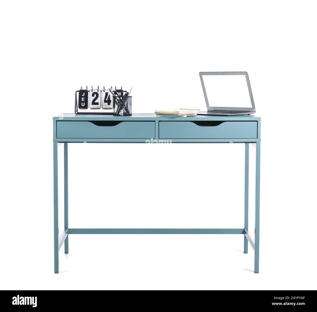 Blue desk with laptop on white background Stock Photo - Alamy