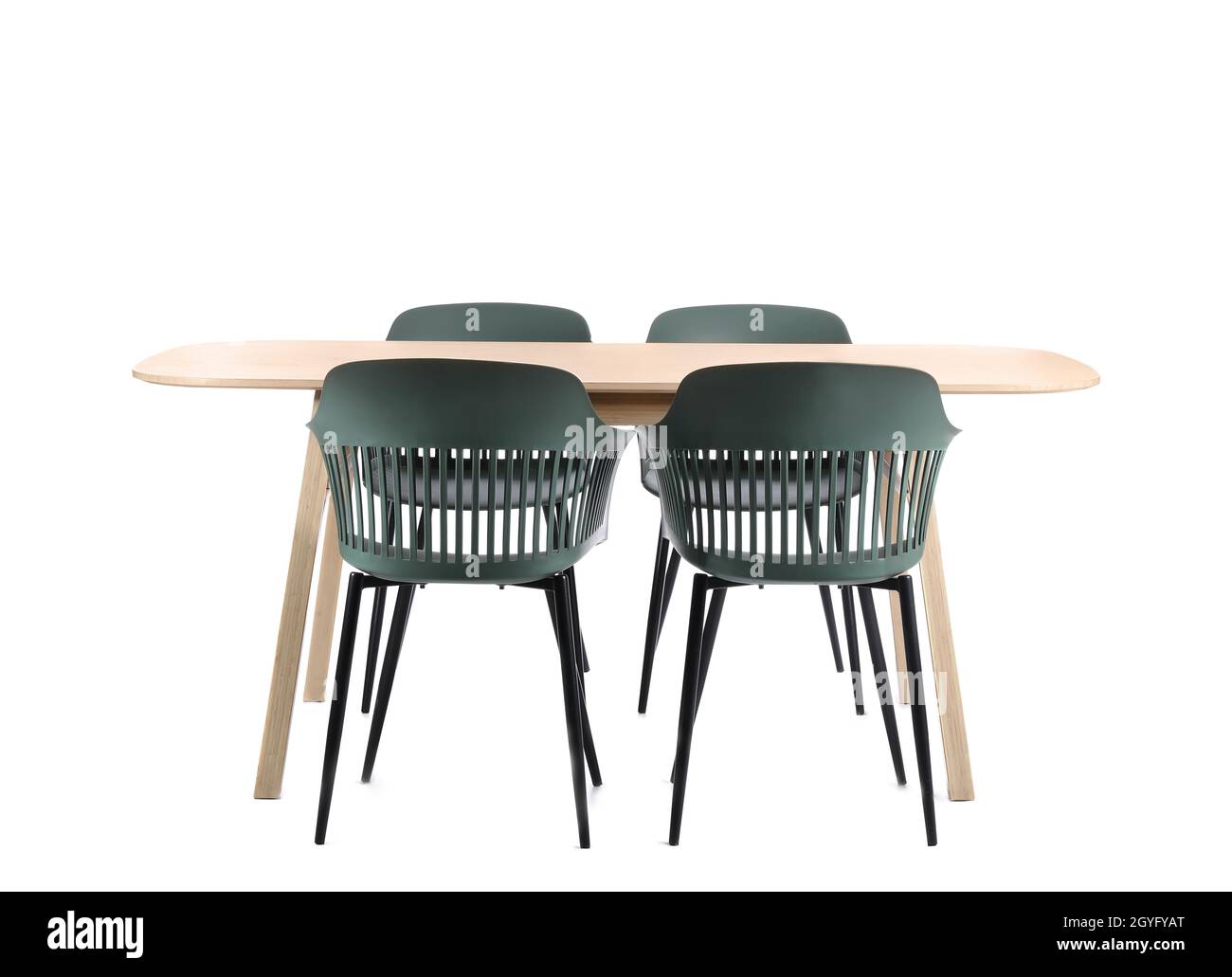 Empty dining table with modern chairs on white background Stock Photo ...