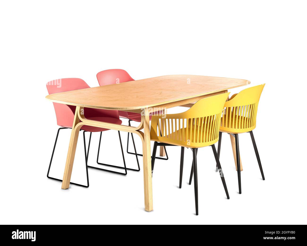 Wooden dining table with chairs on white background Stock Photo - Alamy