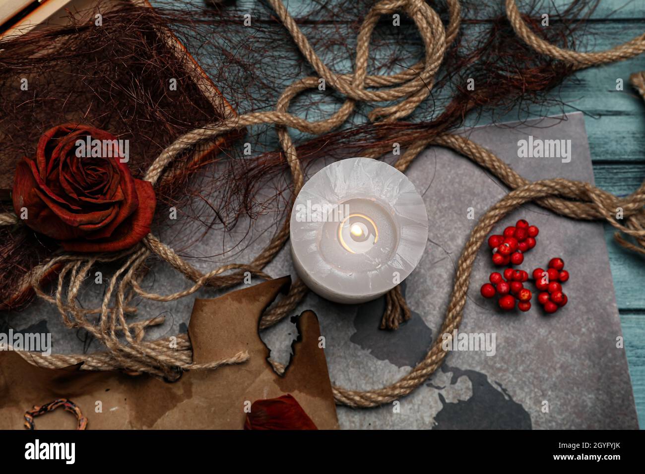 Ingredients for witch's ritual on table Stock Photo - Alamy