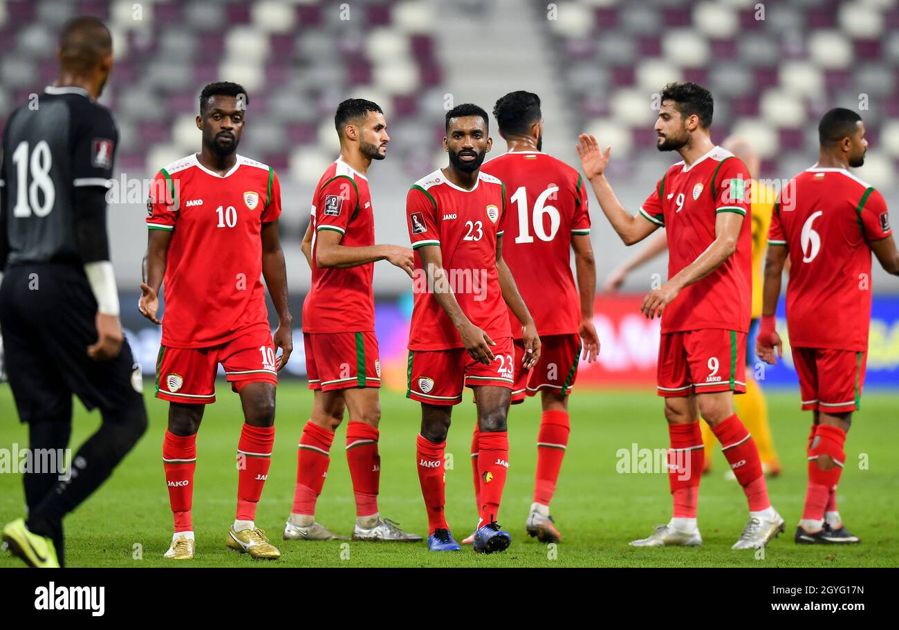 Doha, Qatar. 7th Oct, 2021. Oman's players react after the FIFA World ...