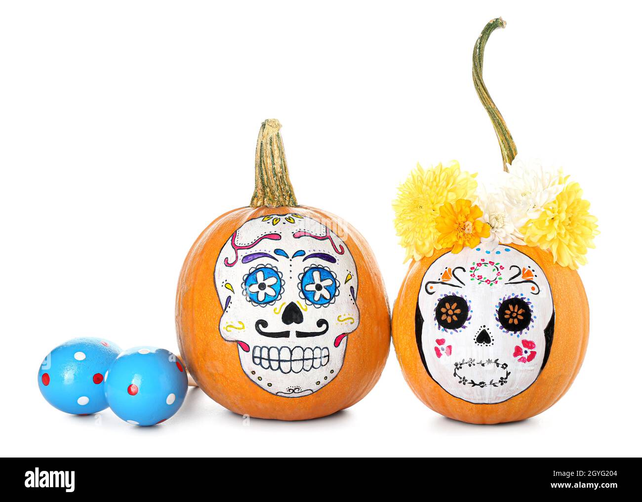 Pumpkins with painted skull on white background. Celebration of Mexico ...