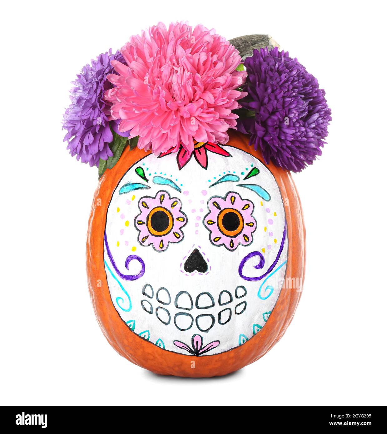 Pumpkin with painted skull on white background. Celebration of Mexico's ...