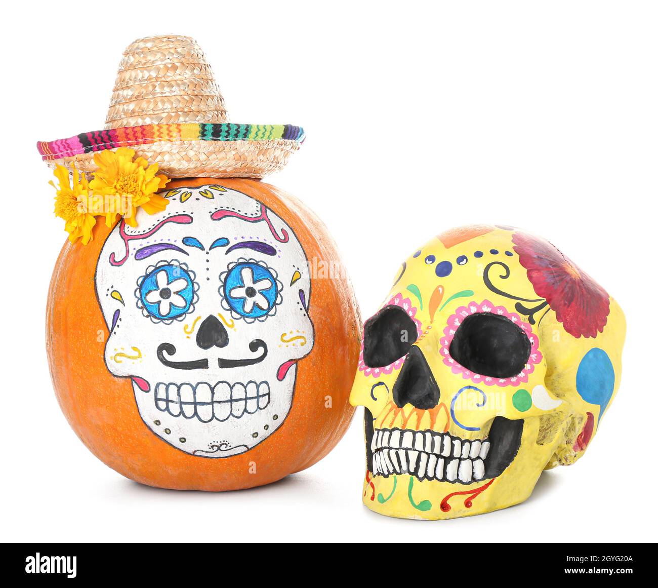 Pumpkin with painted skull on white background. Celebration of Mexico's ...
