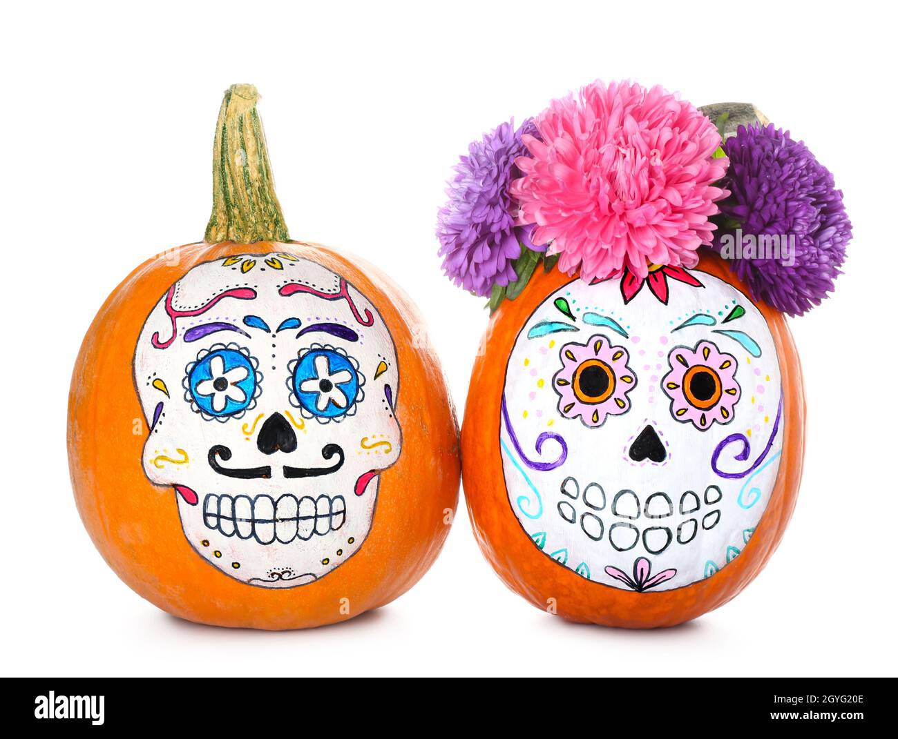 Pumpkins with painted skull on white background. Celebration of Mexico ...