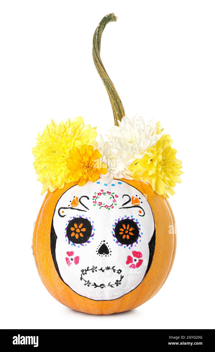 Pumpkin with painted skull on white background. Celebration of Mexico's ...