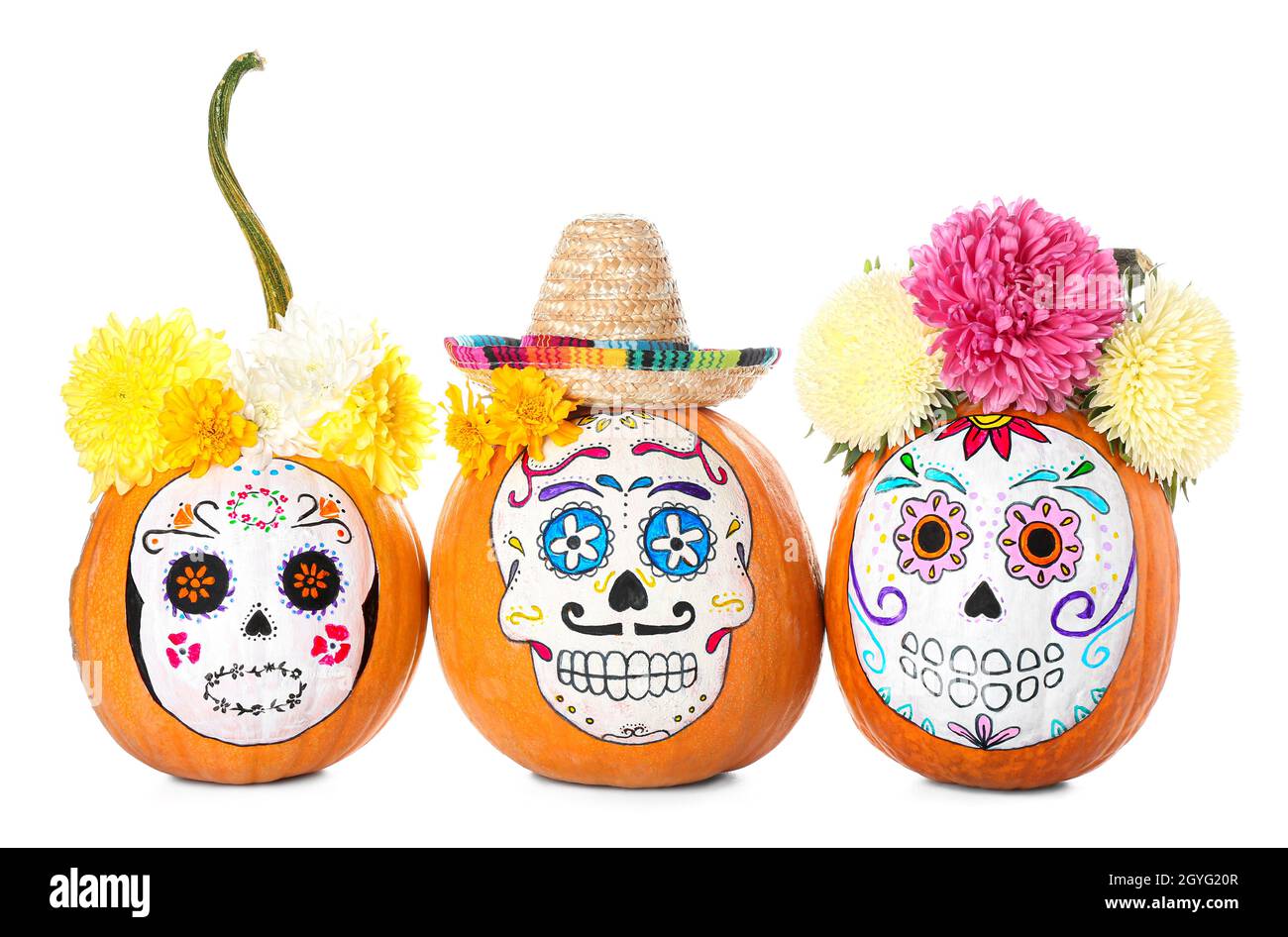 Pumpkins with painted skull on white background. Celebration of Mexico ...