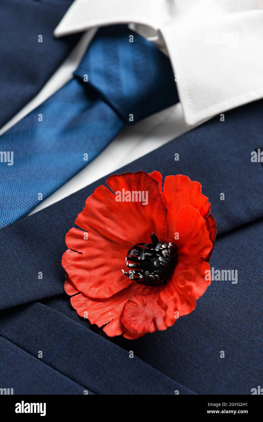 Poppy flower pinned on male clothes, closeup. Remembrance Day Stock ...