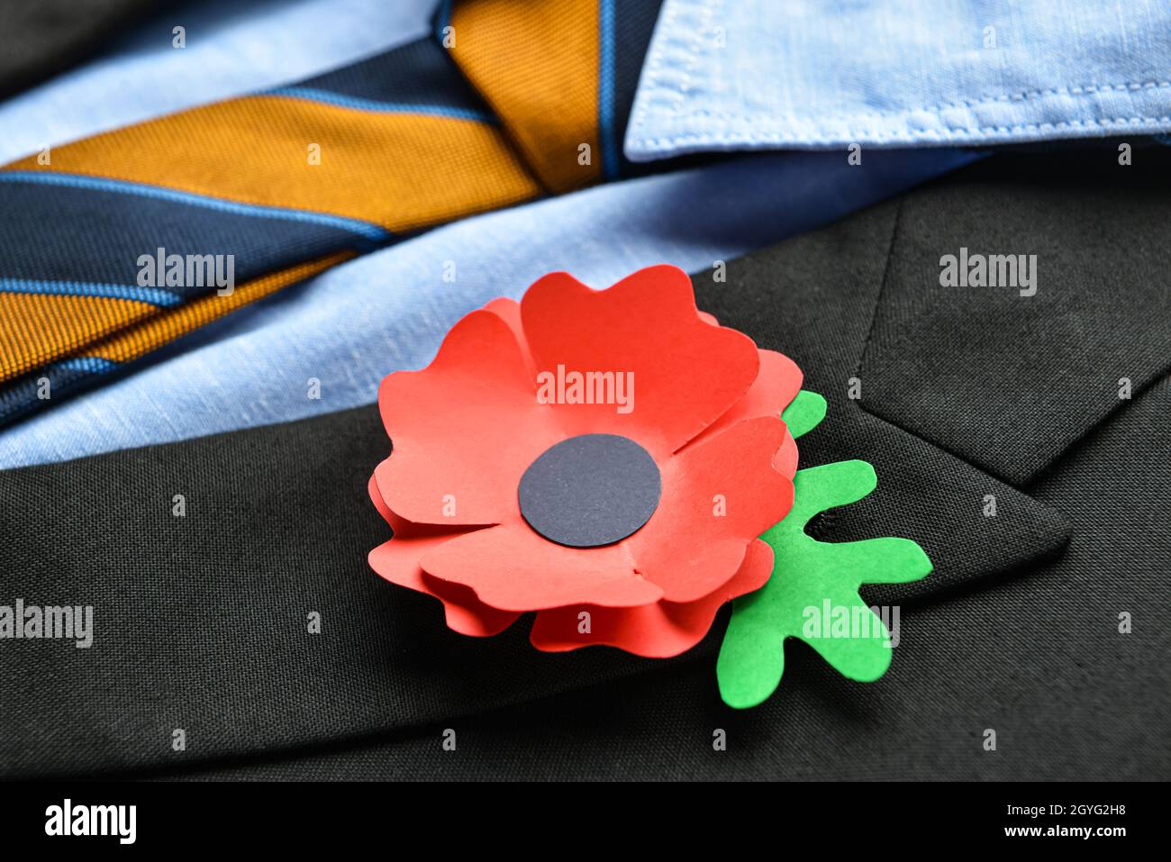 Paper poppy flower pinned on male clothes, closeup. Remembrance Day ...