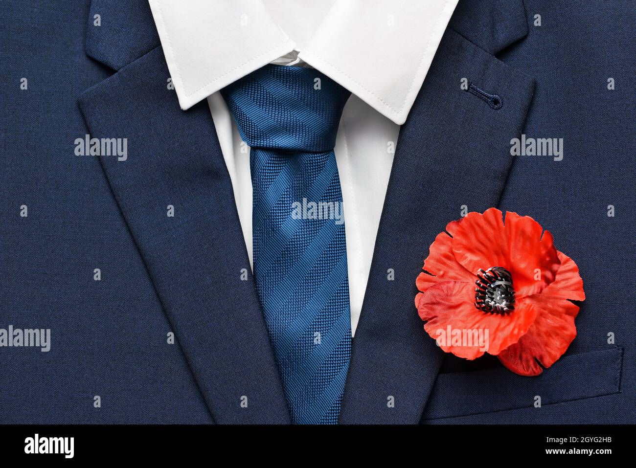 Poppy flower pinned on male clothes, top view. Remembrance Day Stock ...
