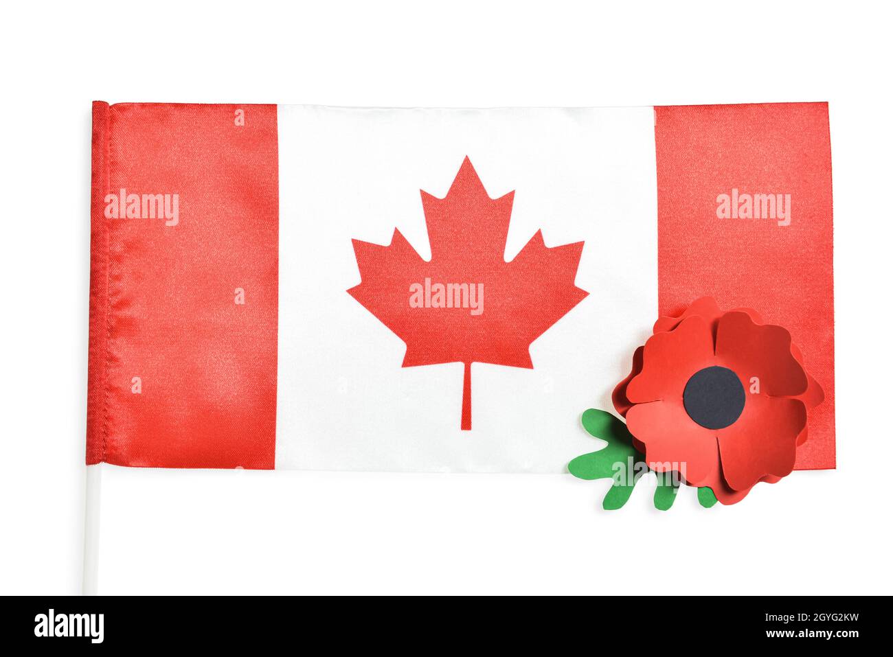 Paper poppy flower and flag of Canada on white background. Remembrance ...