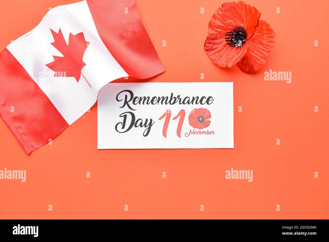 Poppy flower, card and flag of Canada on color background. Remembrance ...