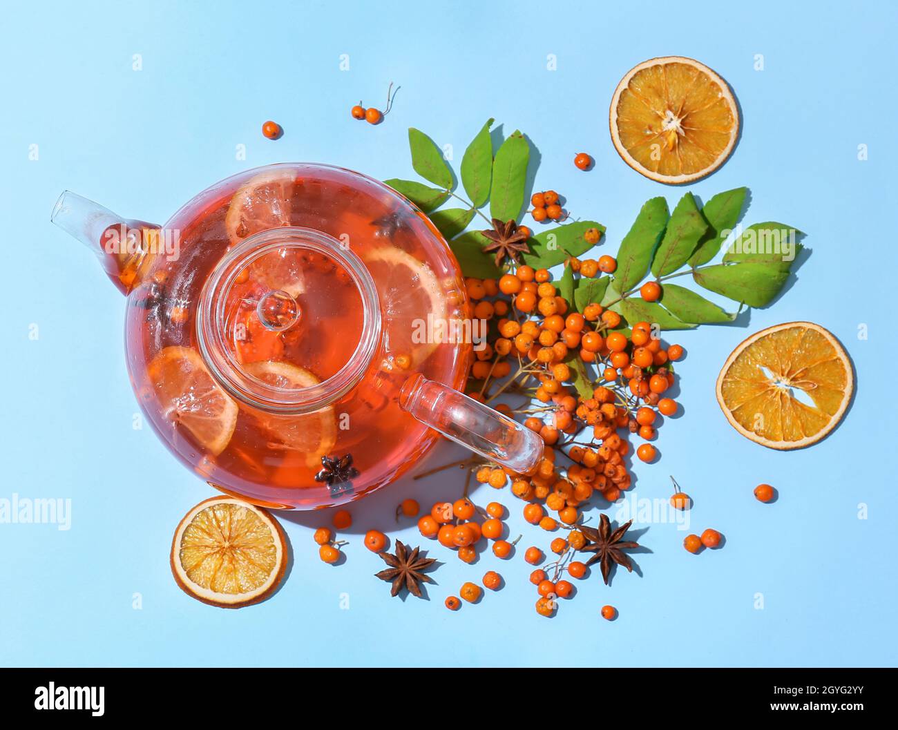 Composition with glass teapot of tasty rowan tea and berries on color ...