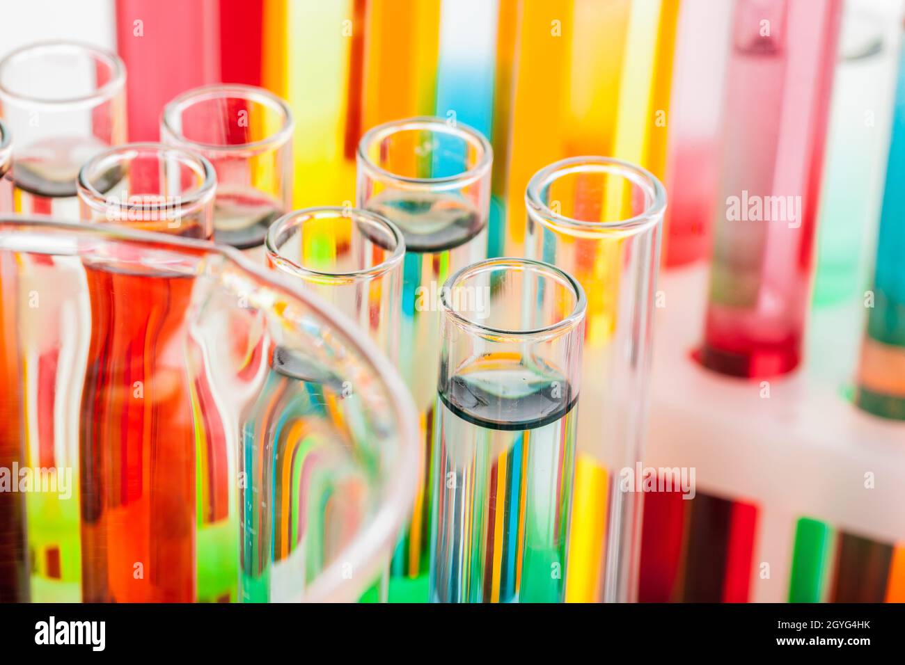 Test tubes with colorful chemicals close up in laboratory Stock Photo ...