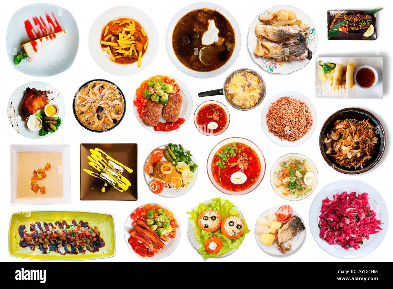 View of many plates with tasty food over white background Stock Photo ...
