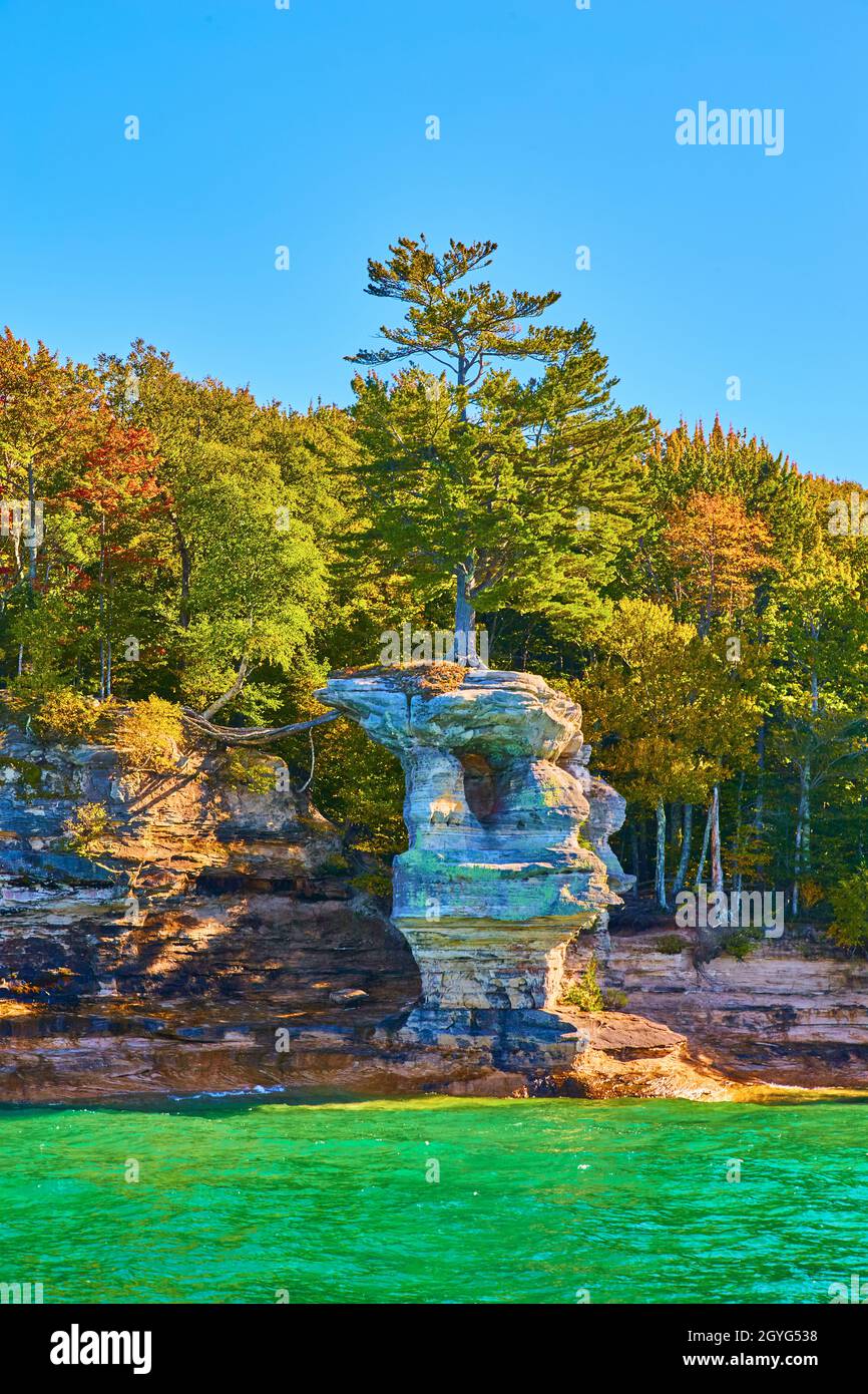 Pictured Rocks with green water and a tree atop a tall carved out rock ...