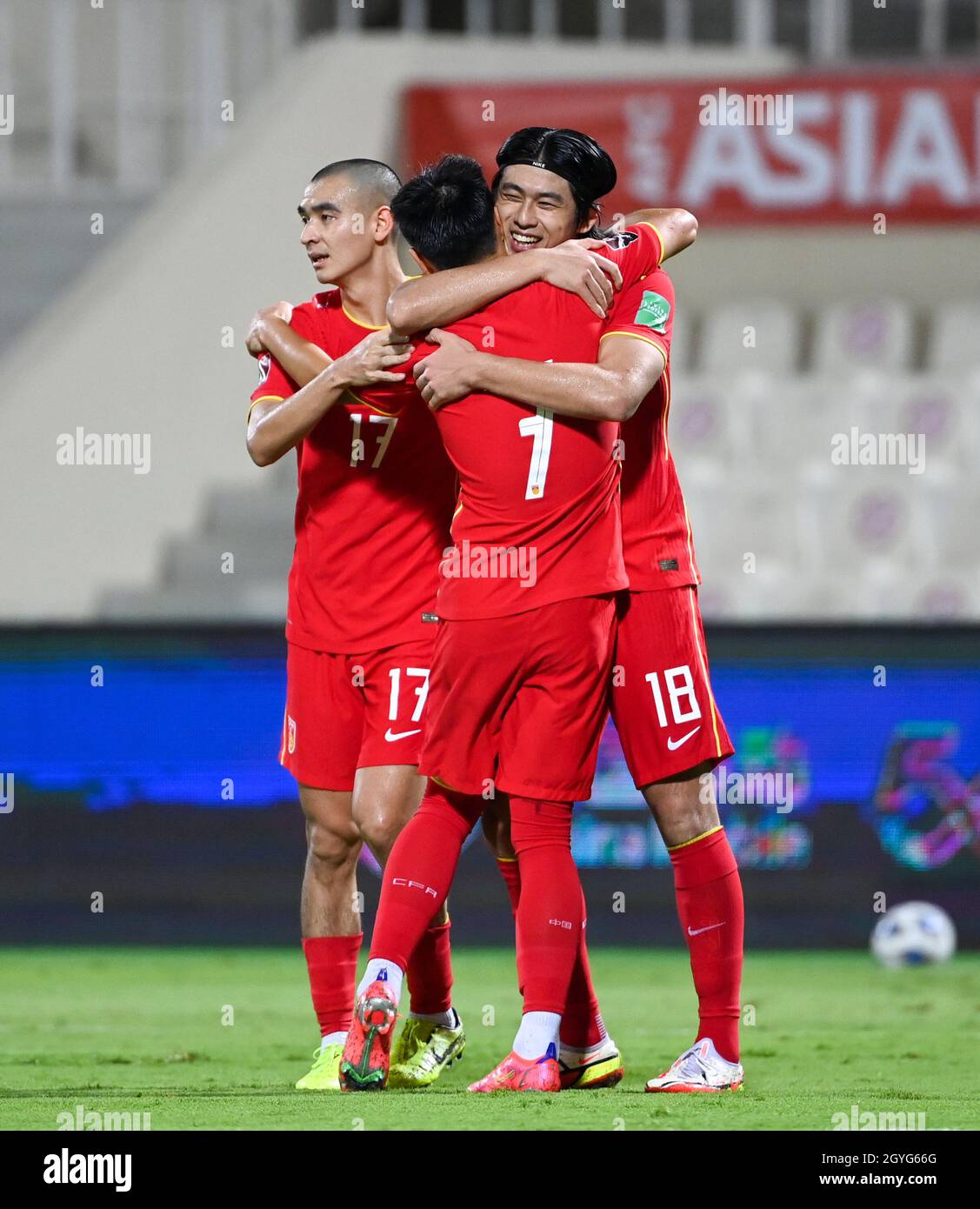 Sharjah. 8th Oct, 2021. Zhang Yuning (R) of China celebrate with ...